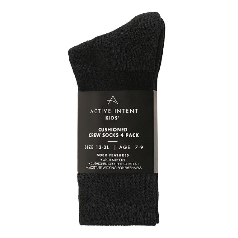 Active Intent Kids' Crew Socks 4 Pack Black | The Warehouse