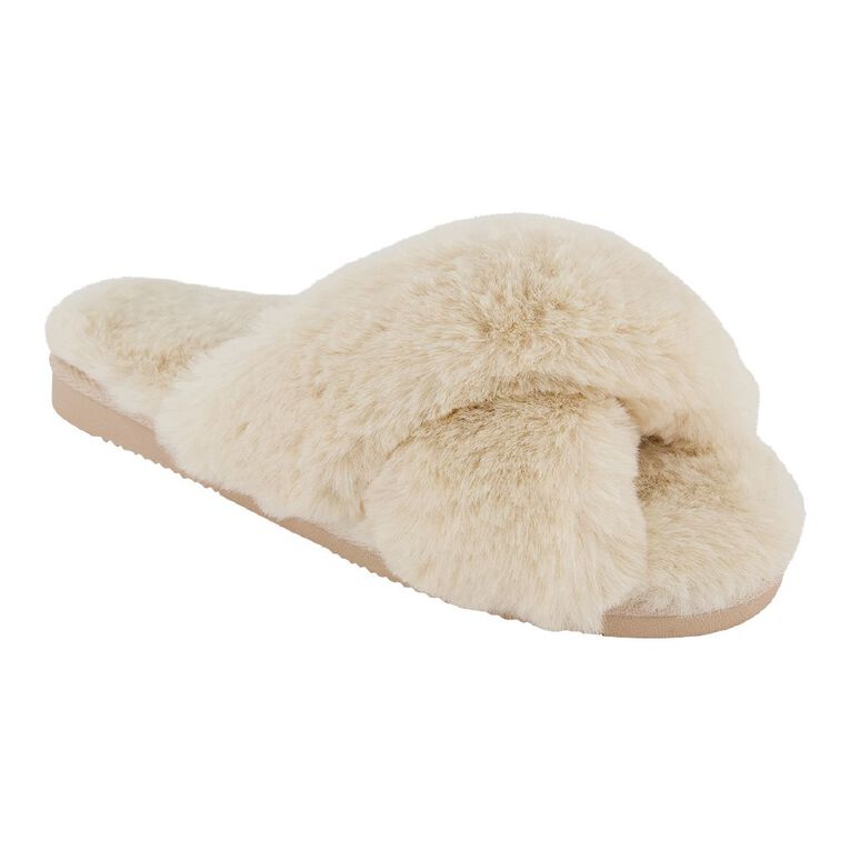 H&H Women's Fluffy Crossover Slide Slippers Cream | The Warehouse