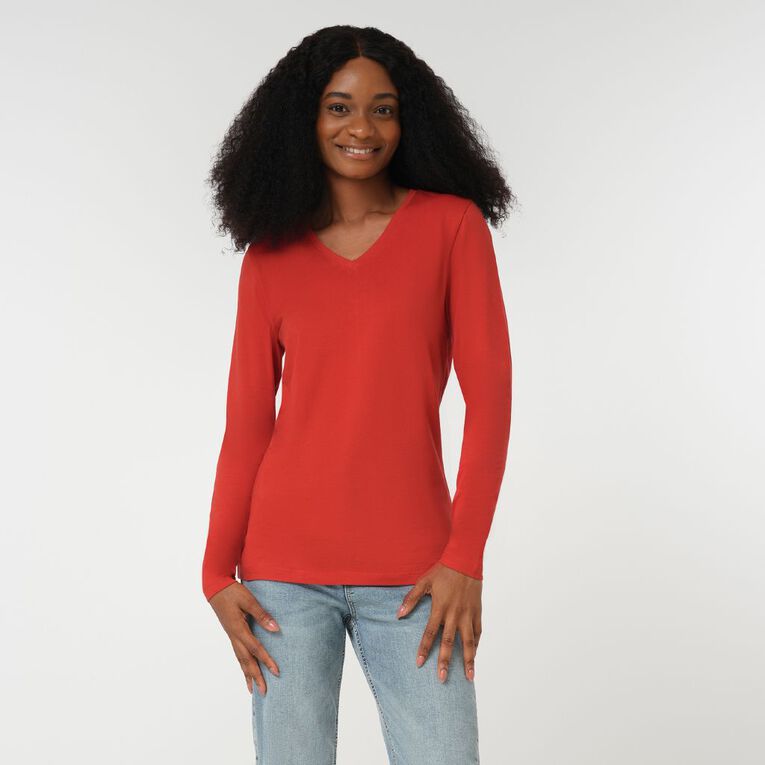 H&H Women's Long Sleeve V-Neck Tee Red Mid | The Warehouse