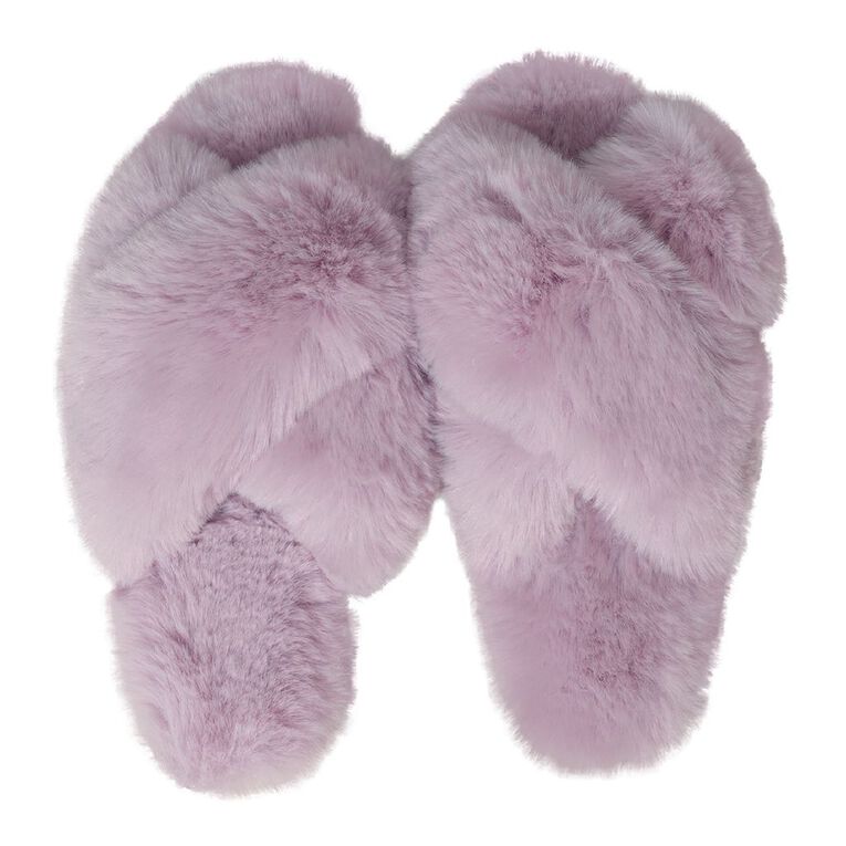 H&H Women's Fluffy Crossover Slide Slippers Purple Light | The Warehouse