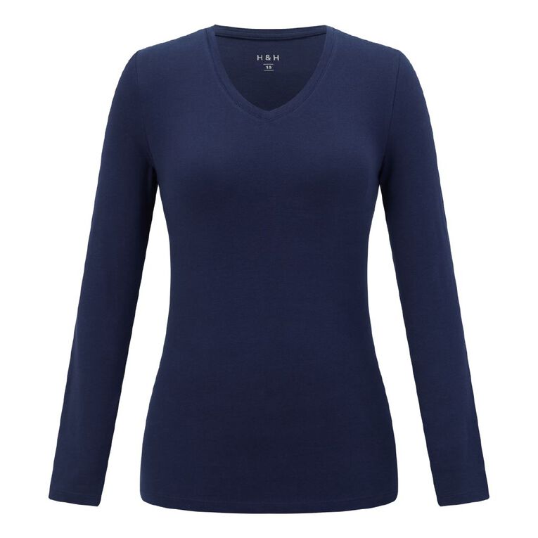 H&H Women's Long Sleeve V-Neck Tee Navy | The Warehouse