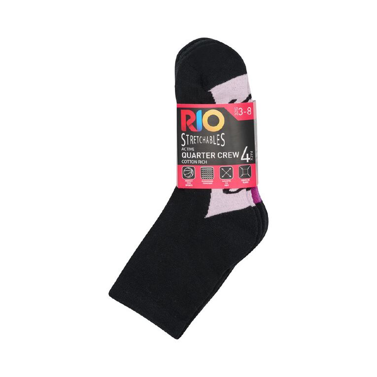 Rio Women's Quarter Crew Stretchable Socks 4 Pack Black | The Warehouse
