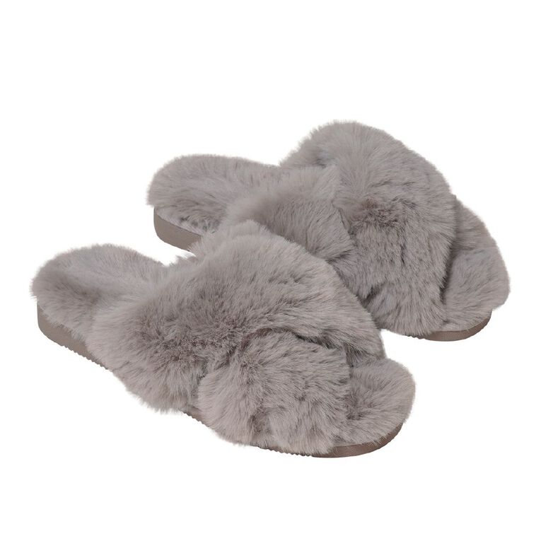 H&H Women's Fluffy Crossover Slide Slippers Grey Mid | The Warehouse