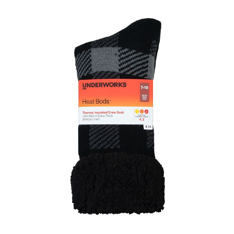 Underworks Men's Heat Bods Sherpa Crew Socks 1 Pack Black | The Warehouse