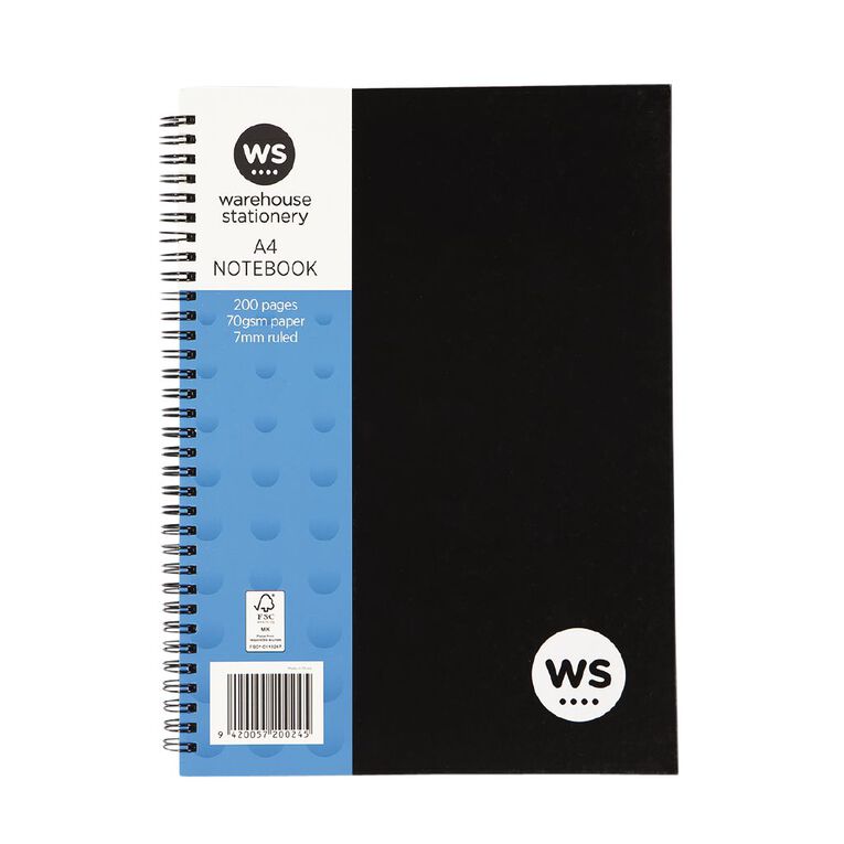 WS Notebook Wiro 200 Page Hard Back Black A4 Black | The Warehouse