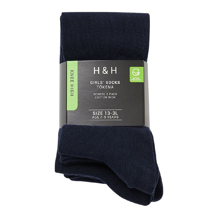 H&H Girls' School Knee High Socks 5 Pack Navy | The Warehouse