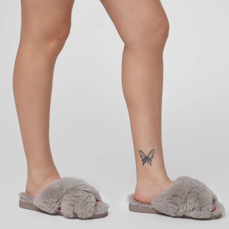 H&H Women's Fluffy Crossover Slide Slippers Grey Mid | The Warehouse