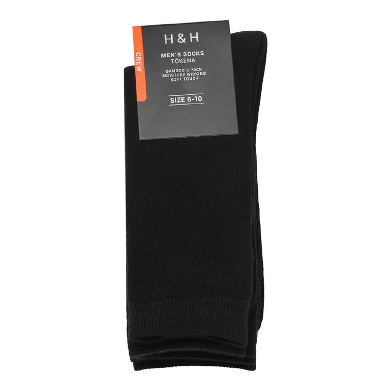 H&H Men's Bamboo Crew Socks 3 Pack Black | The Warehouse