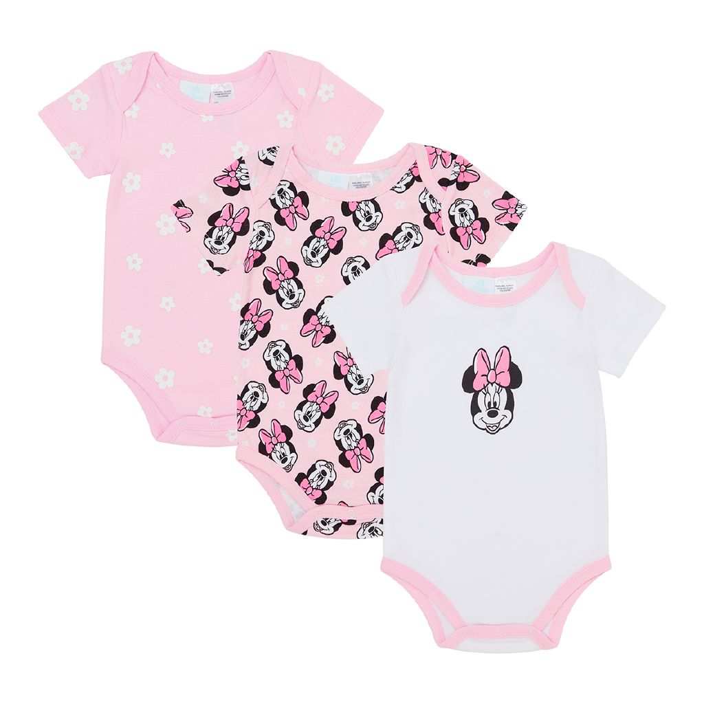 Minnie Mouse Babys' Long Sleeve Bodysuit 3 Pack Pink Light | The Warehouse