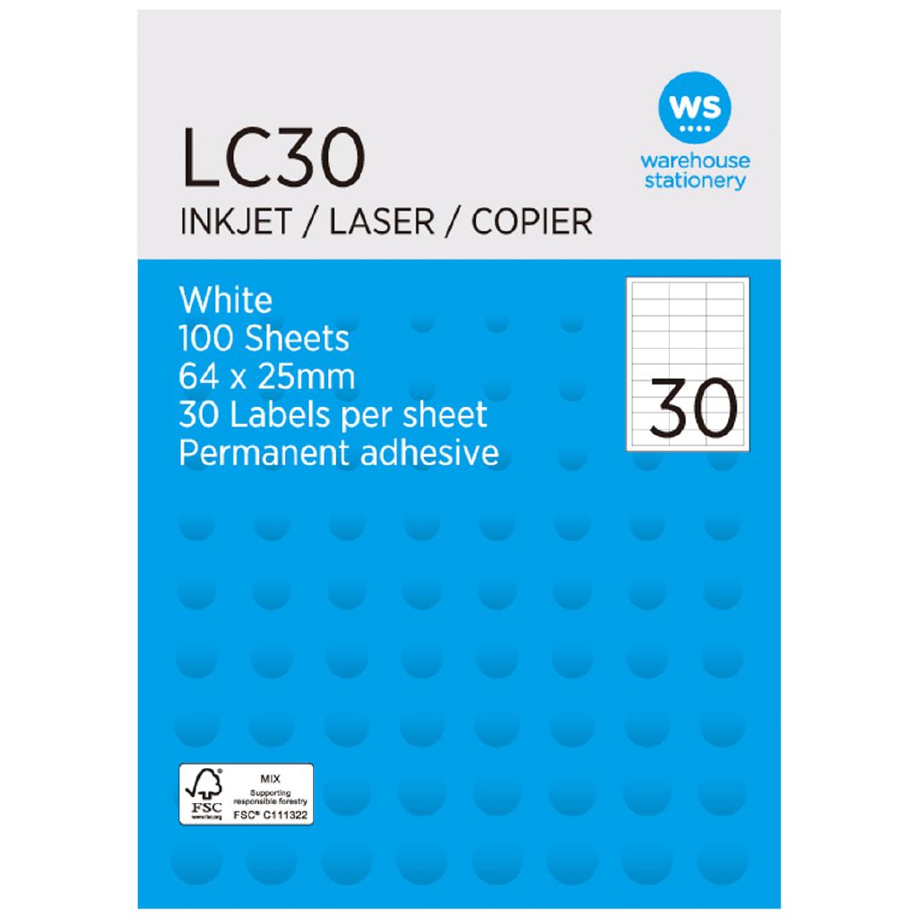 WS Labels 100 Sheets A4 30 x 64mm x 25mm White | The Warehouse