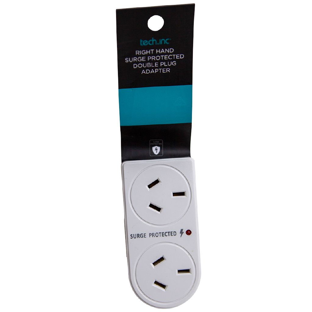 Tech.Inc Right Hand Surge Protected Double Plug Adapter | The Warehouse