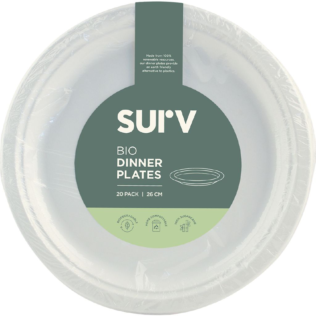 SURV. Bio Dinner Plates Sugarcane Natural White 26cm White 20 Pack ...