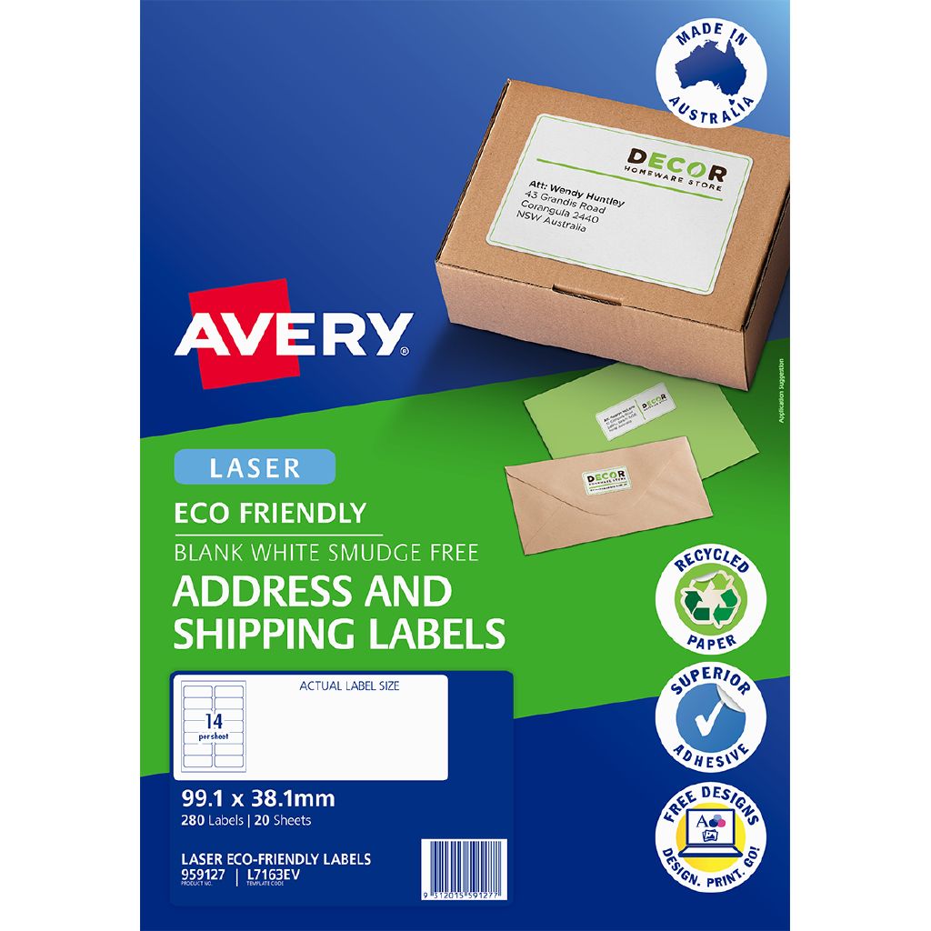 Avery Eco Friendly Labels Laser 280 Labels 99.1mm x 38.1mm | The Warehouse
