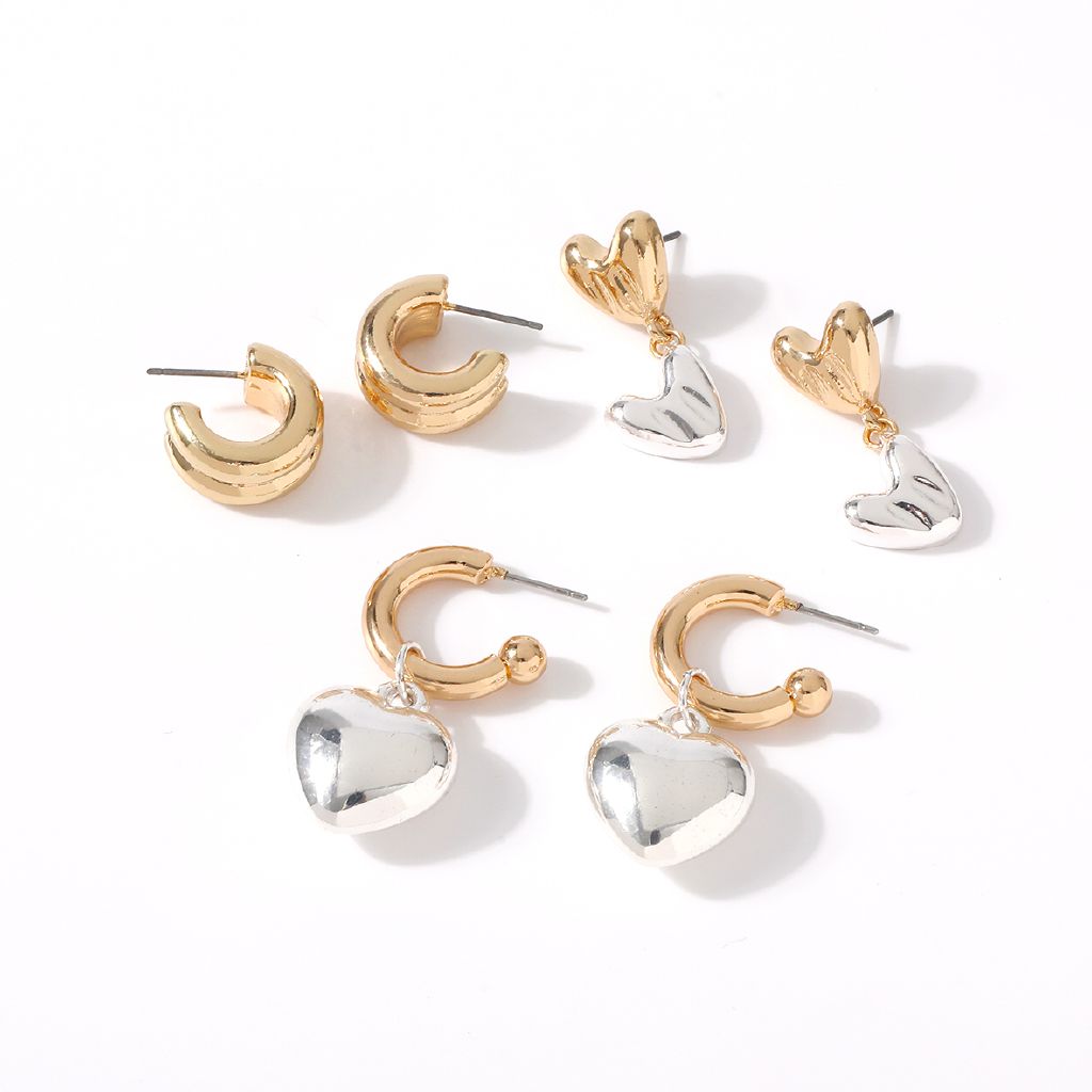 H&H Puff Heart Two-tone Gold And Silver Earring 3 Pairs Silver | The ...