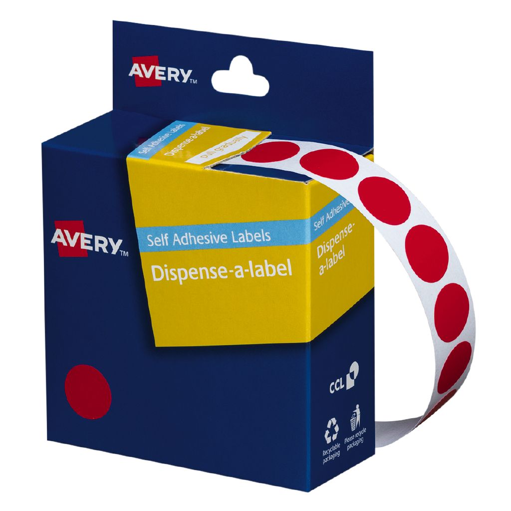 Avery Dispenser Dot Labels Red 14mm Diameter Red Mid | The Warehouse