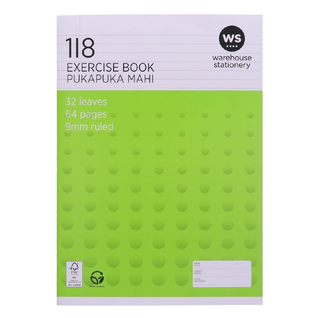 WS Exercise Book 1I8 9mm Ruled 32 Leaf Green Mid Green Mid | The Warehouse