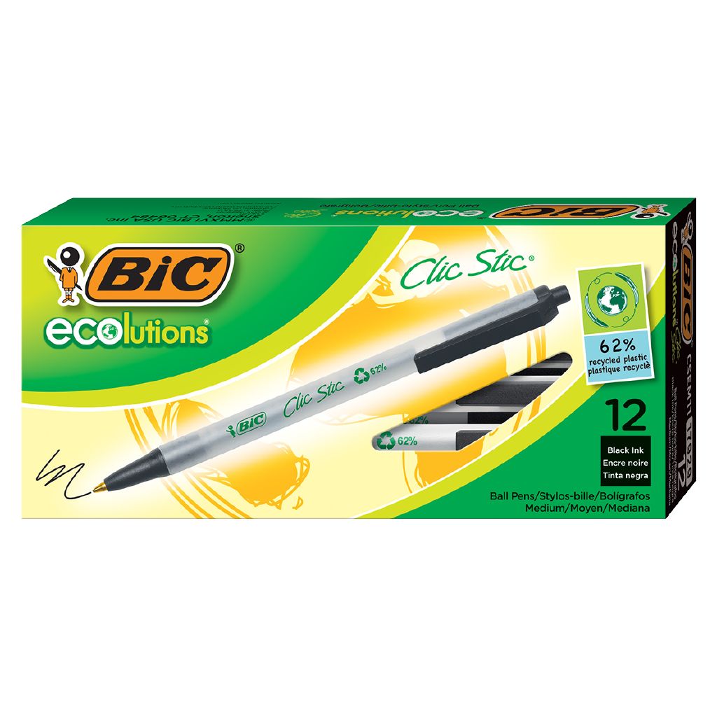 Bic Ecolutions Clic Stick Retractable Pen Black 12 Pack Black Black ...