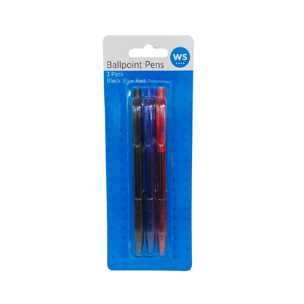 WS Ballpoint Pens Black Blue Red 3 Pack | The Warehouse