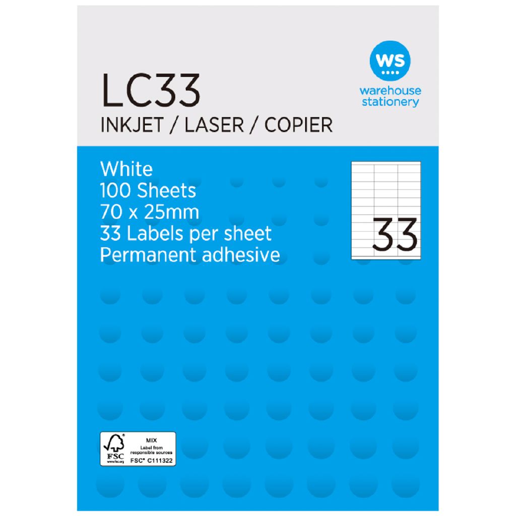 WS Labels 100 Sheets A4 33 x 70mm x 25mm White | The Warehouse