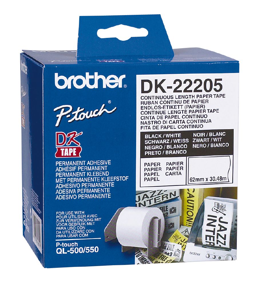 Brother Label Roll DK-22205 62mm x 30.48m Black on White White | The ...