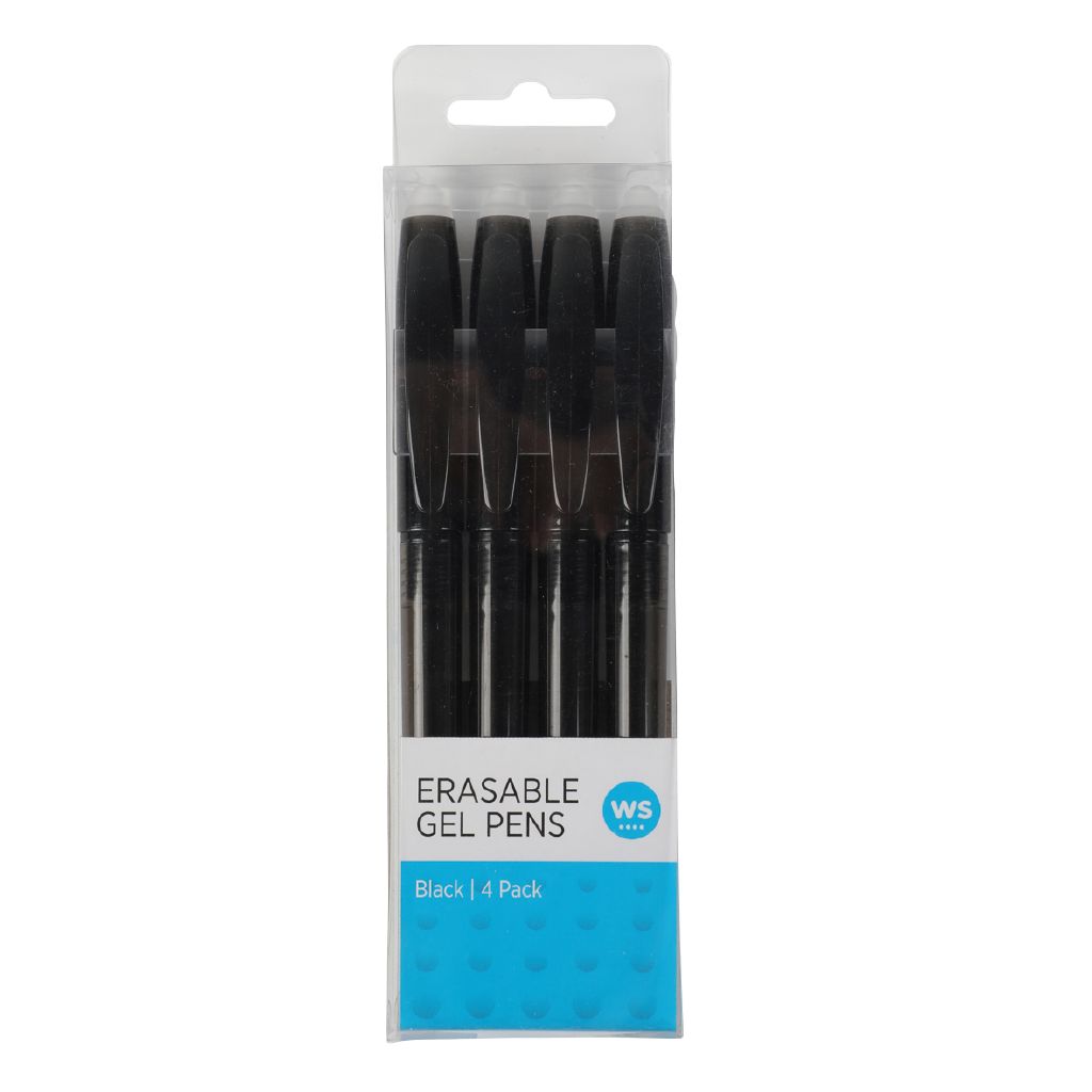 WS Erasable Gel Pen Black 4 Pack Black | The Warehouse