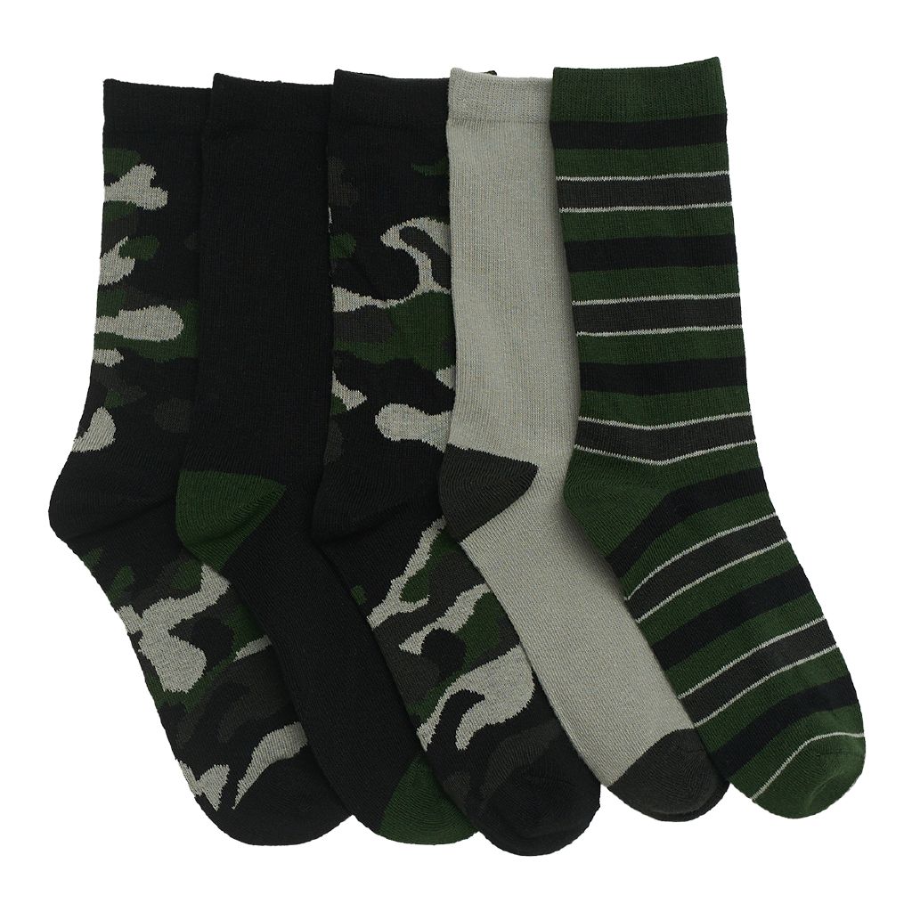 H&H Boys' Jacquard Crew Socks 5 Pack Black/Green | The Warehouse