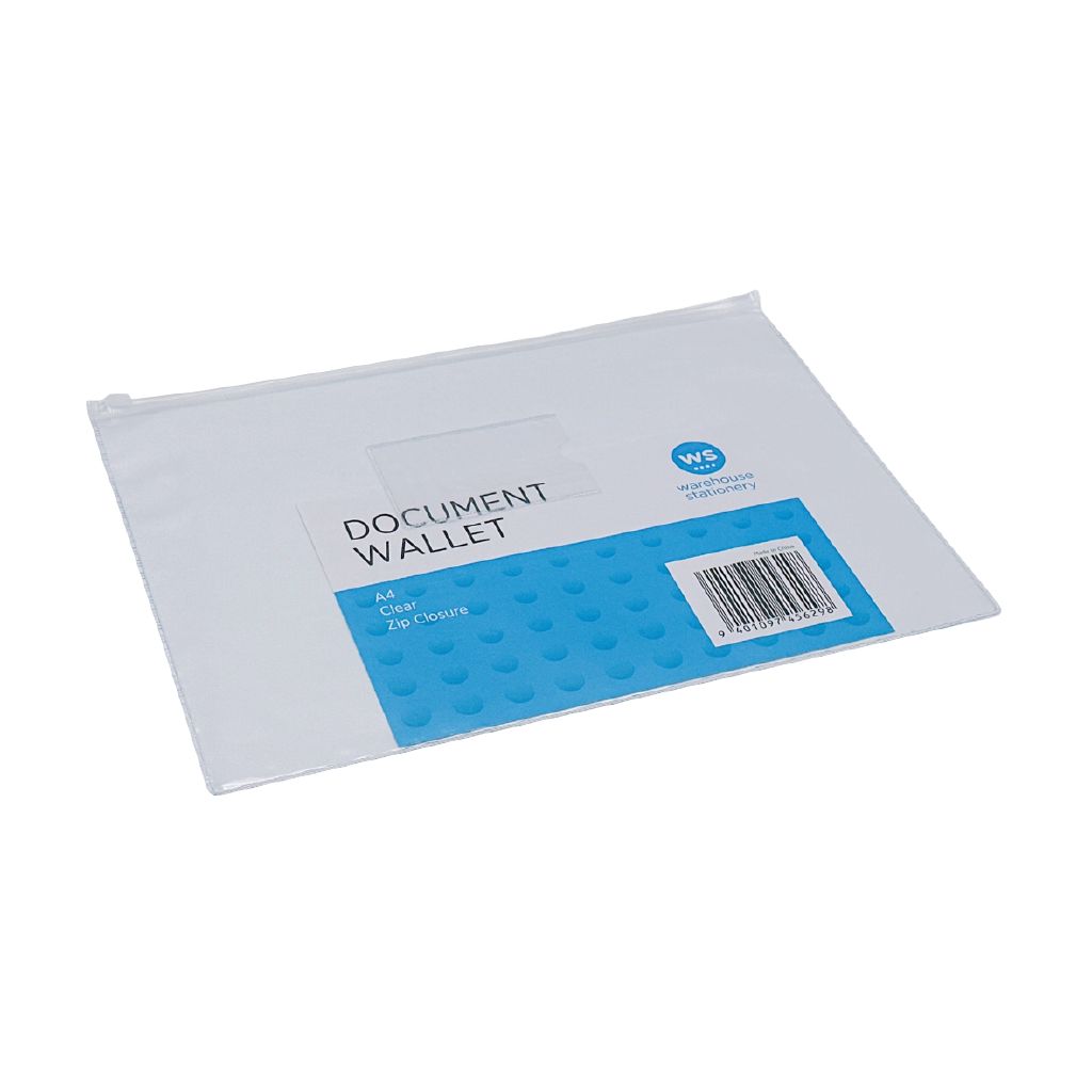 WS Zipper Document Wallet Clear A4 Clear | The Warehouse