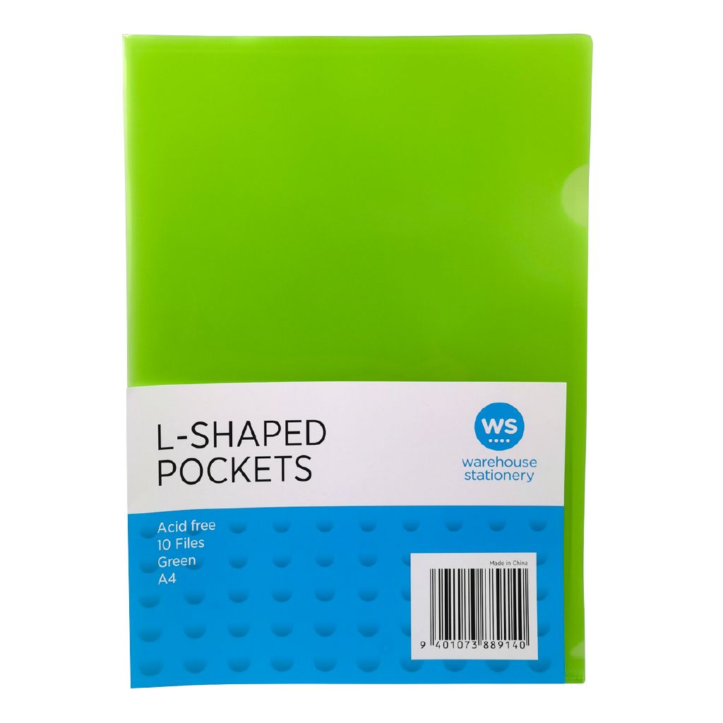 WS L-Shaped Pockets 10 Pack Green A4 Green | The Warehouse