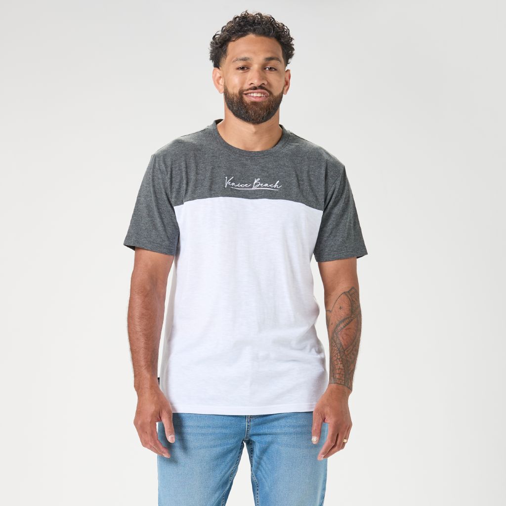 H&H Men's Spliced Crew Tee White/Black | The Warehouse