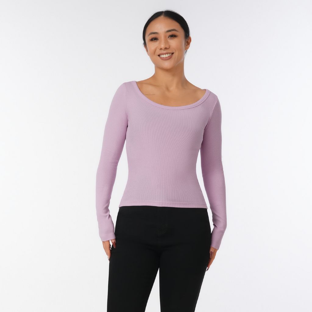 H&H Women's Long Sleeve Scoop Neck Rib Top Purple Mid | The Warehouse