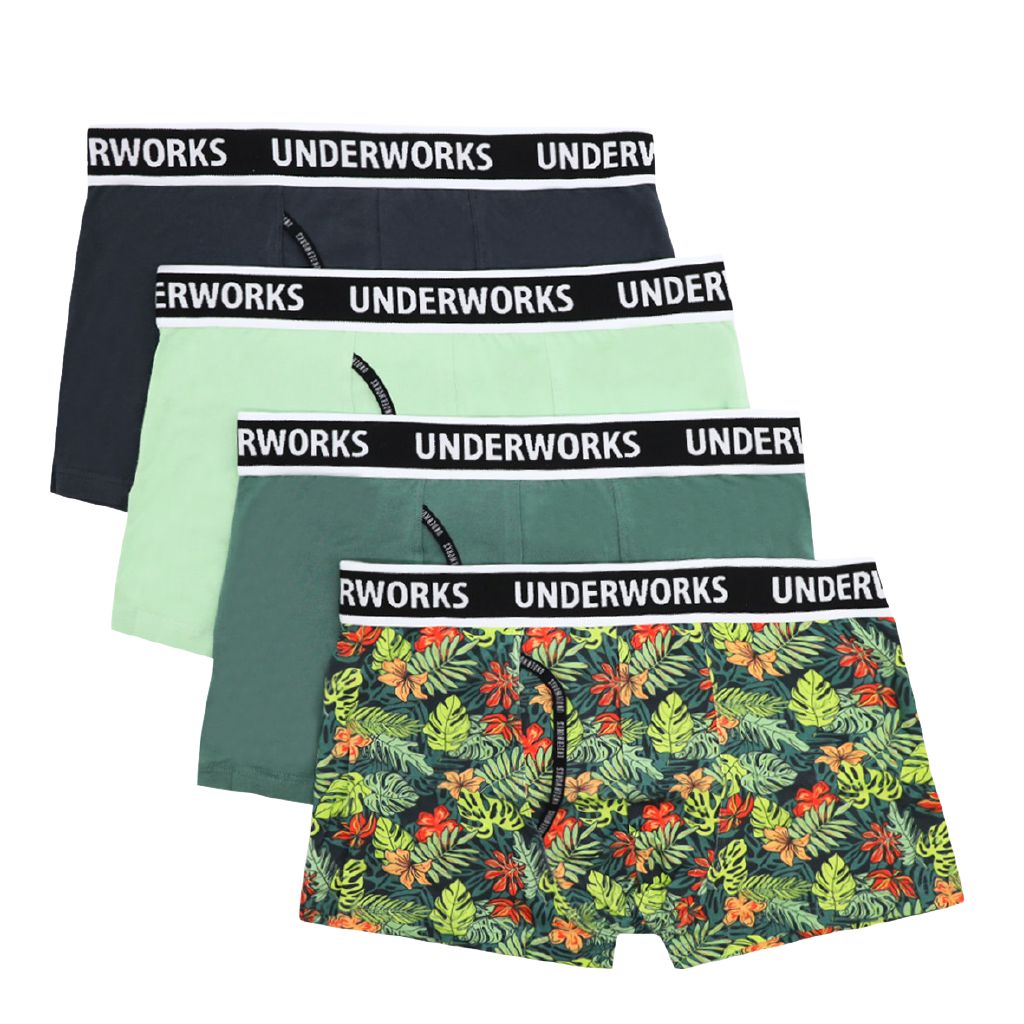 Underworks Men's Fly Front Trunks 4 Pack Green Mid | The Warehouse