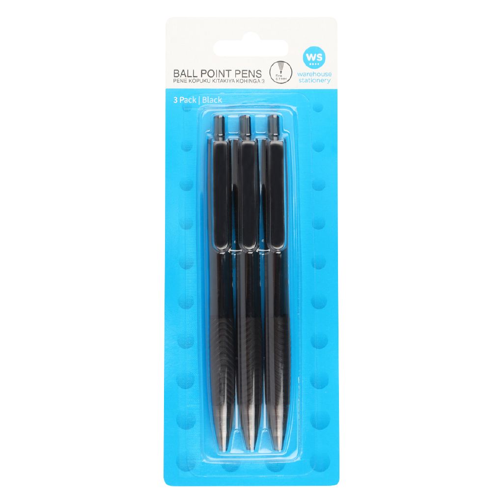 WS Retractable Ballpoint Pens Black 3 Pack Black | The Warehouse