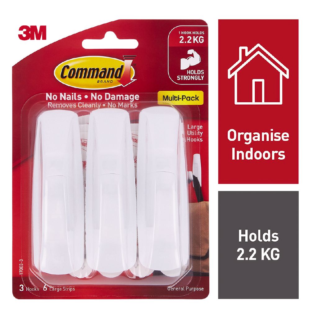 Command Adhesive Hooks Value Pack 3 Pack Large White | The Warehouse