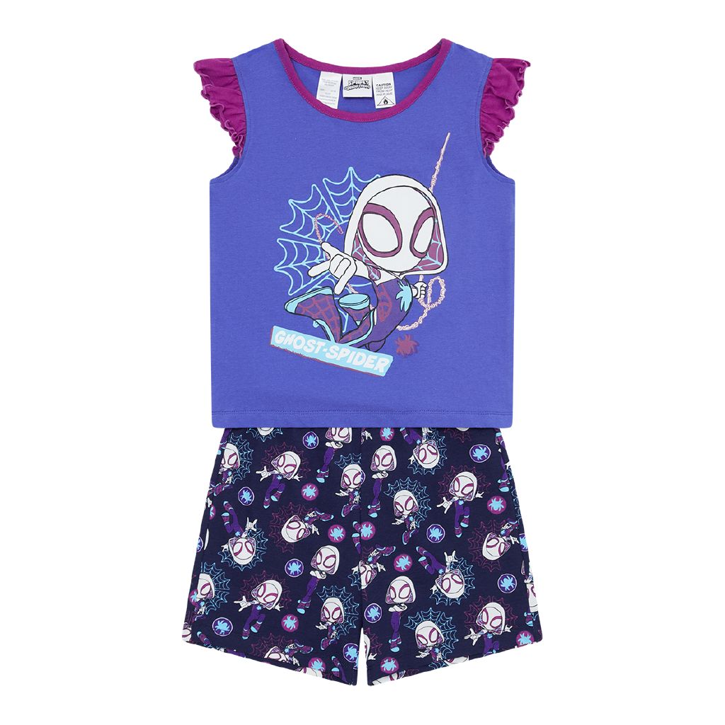 Spider-Man Girls' Frill Sleeve Shorty Pyjama Set Blue Mid | The Warehouse