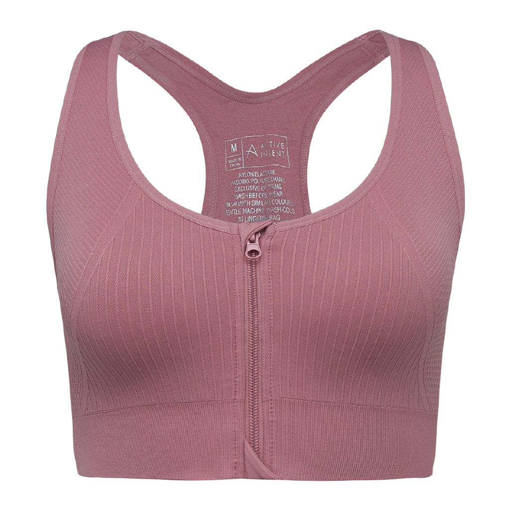 Active Intent Women's Zip Front Wirefree Sports Bra Pink Mid | The ...