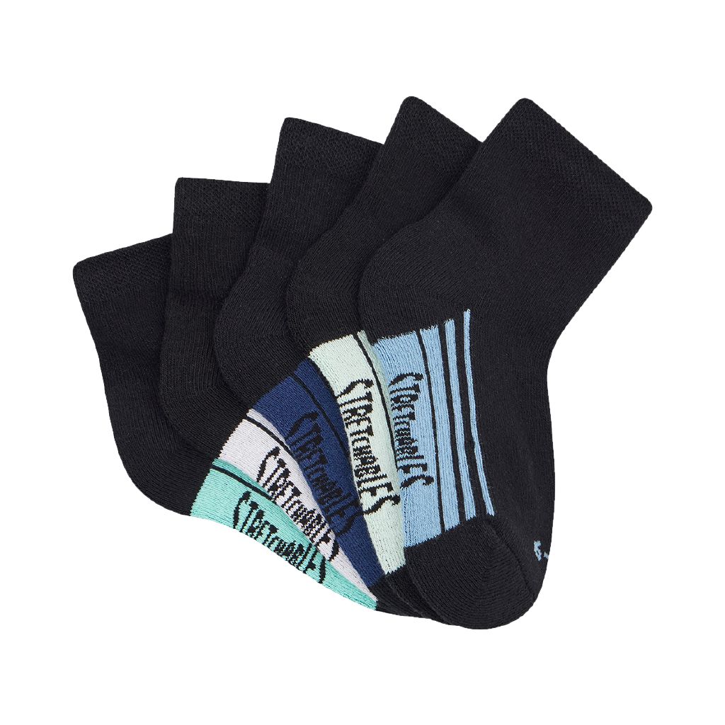 Rio Boys' Stretchables Quarter Crew Socks 5 Pack Black | The Warehouse
